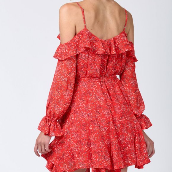 Fate | Dresses | New Fate Ditsy Red Floral Print Cold Shoulder Ruffle ...